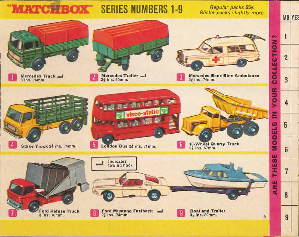 Matchbox Lesney 1968 catalog page 3, Regular Wheels 1, 2, 3, 4, 5, 6, 7 ...